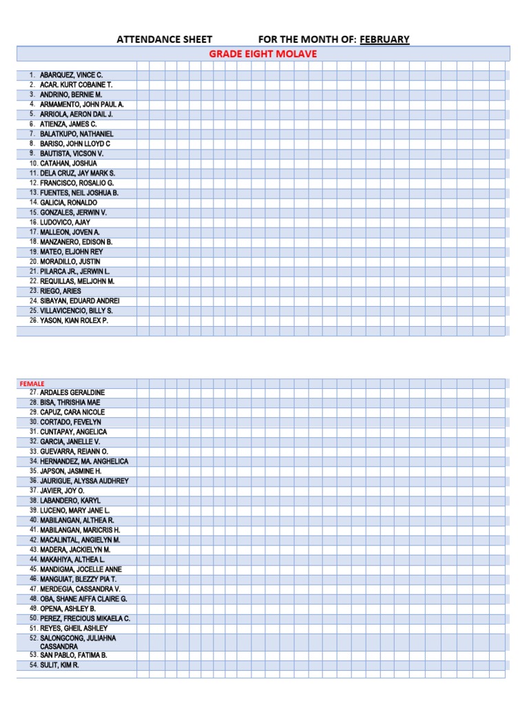 Attendance Sheet For The Month Of: February | PDF
