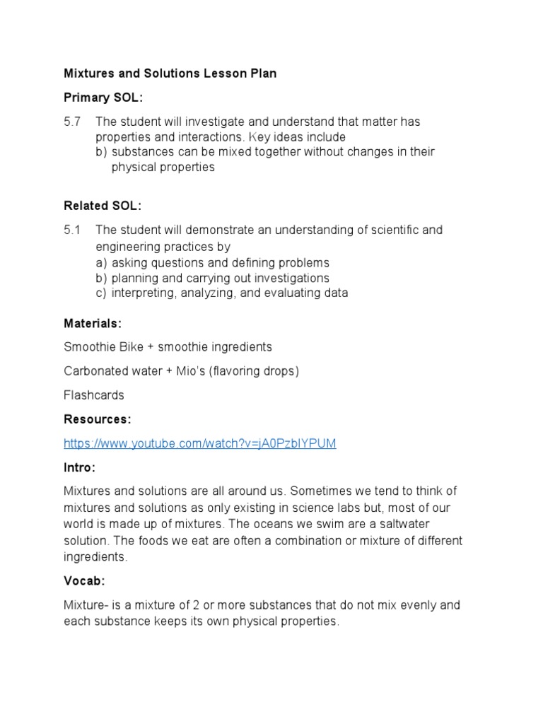 Mixtures and Solutions Lesson Plan Primary SOL | PDF | Solution | Mixture
