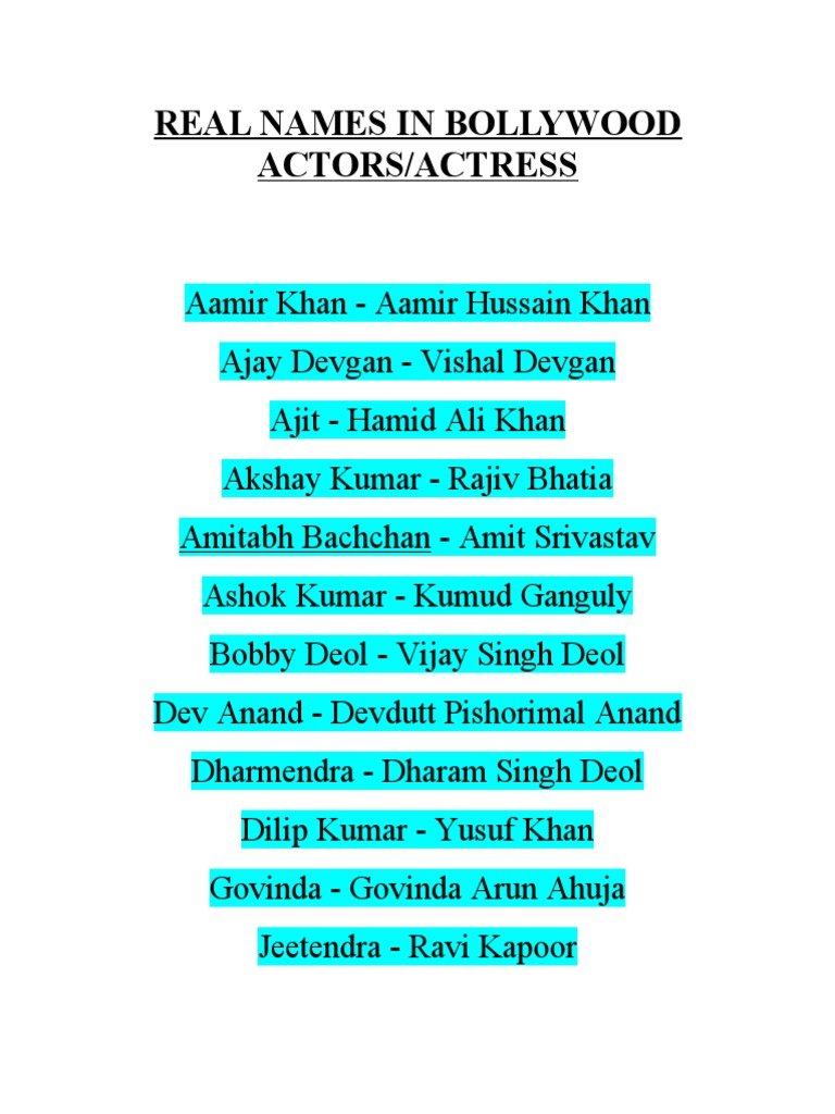 Real Names of Bollywood Actors | PDF
