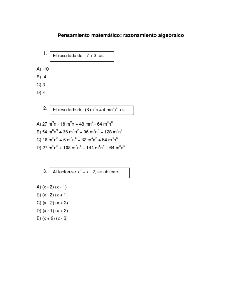 Razonamiento Algebraico en Ejercicios | PDF | Álgebra | Enseñanza de ...