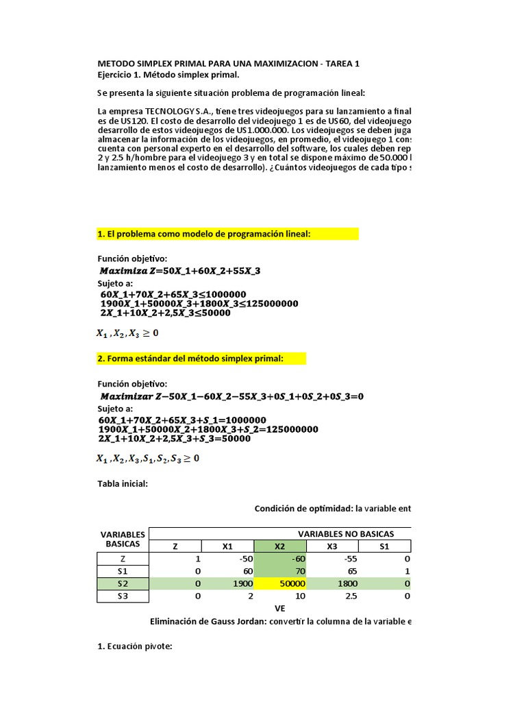 Ejercicio 1 - Metodo Simplex Primal | PDF | Programación lineal | Ecuaciones