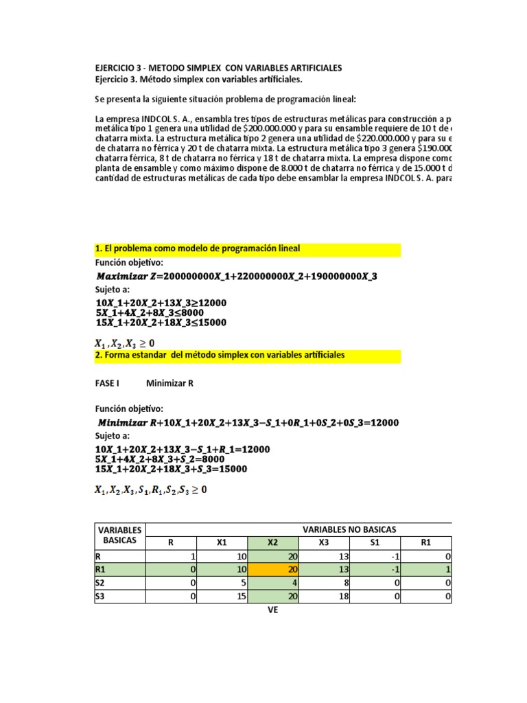 Ejercicio 3 - Método Simplex Con Variables Artificiales | PDF | Lógica matemática | Ciencias de ...