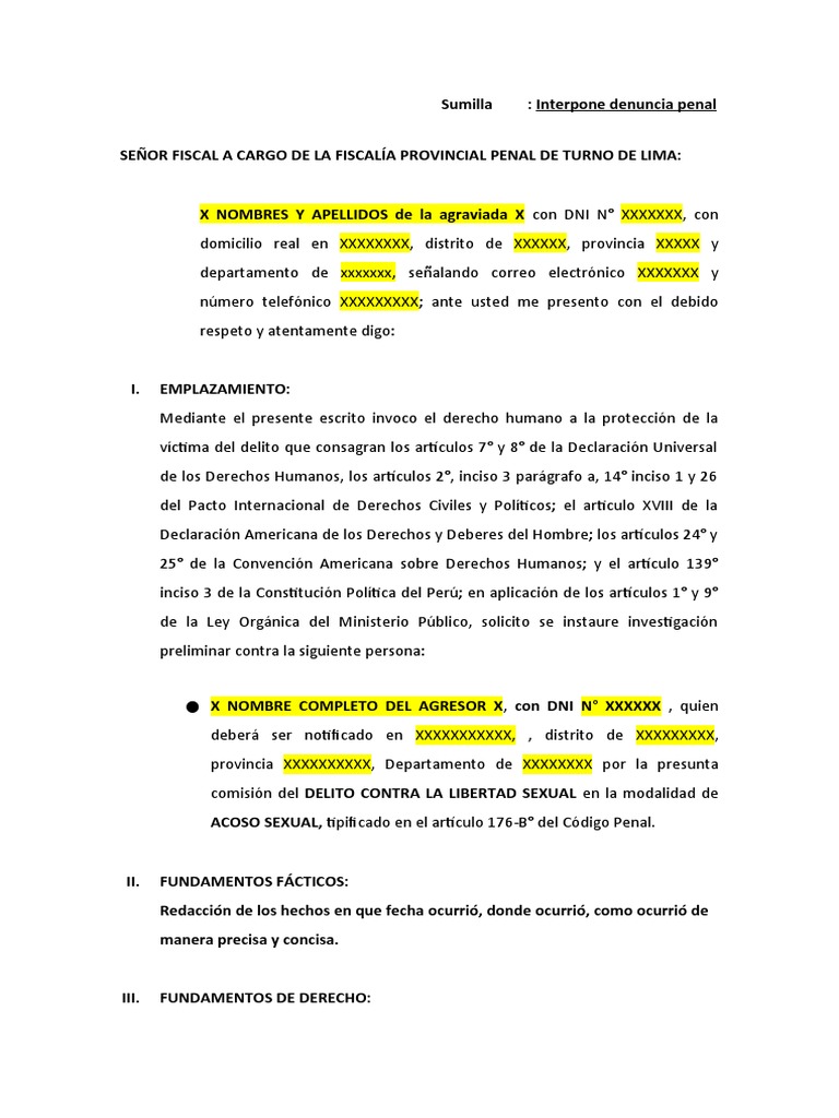 Modelo De Denuncia Acoso Sexual Pdf Acoso Sexual Justicia 3629