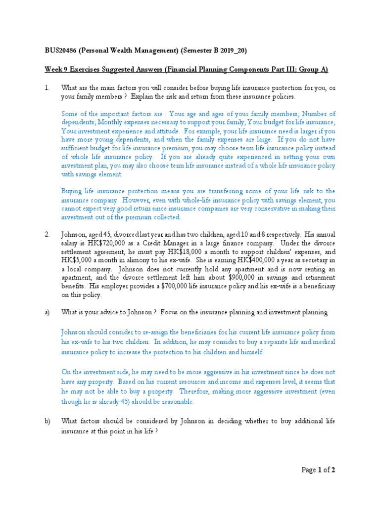 Week 9 Exercises Suggested Answers (Financial Planning Components Part ...