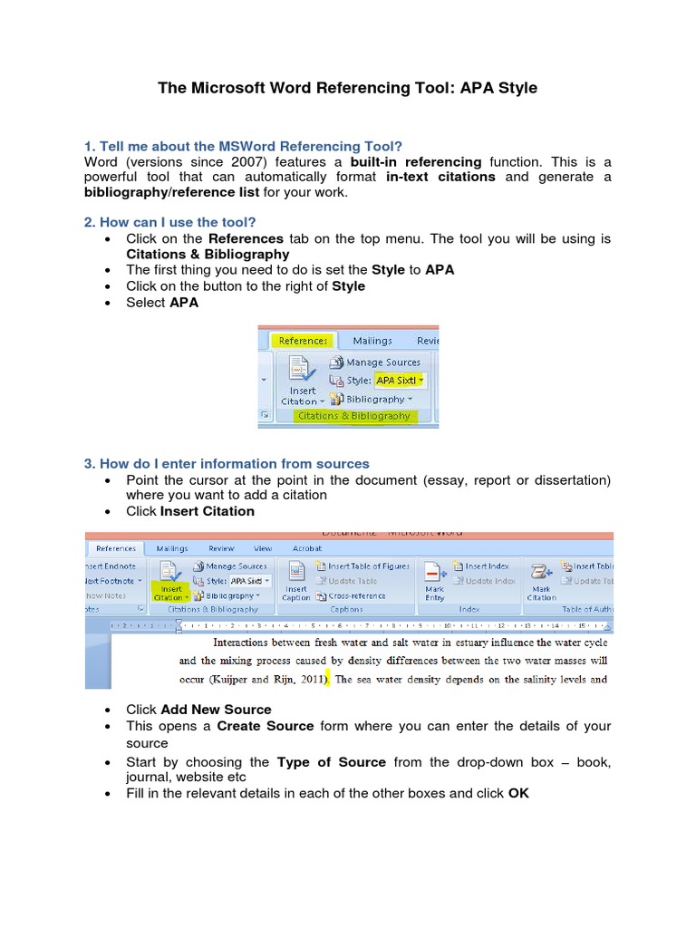 Microsoft Word Referencing Tool - APA Style | PDF