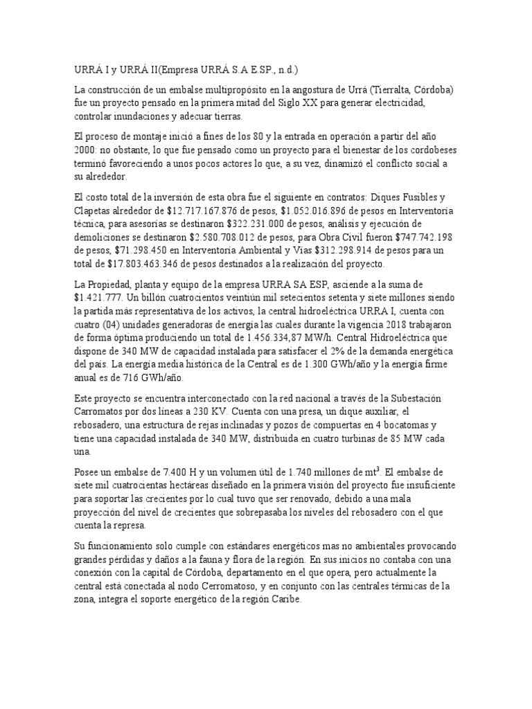 Impactos del Proyecto Hidroeléctrico Urrá | PDF | Hidroelectricidad ...