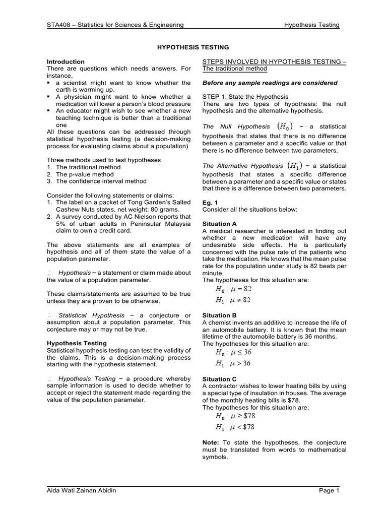 Hypothesis Testing: Before Any Sample Readings Are Considered | PDF ...