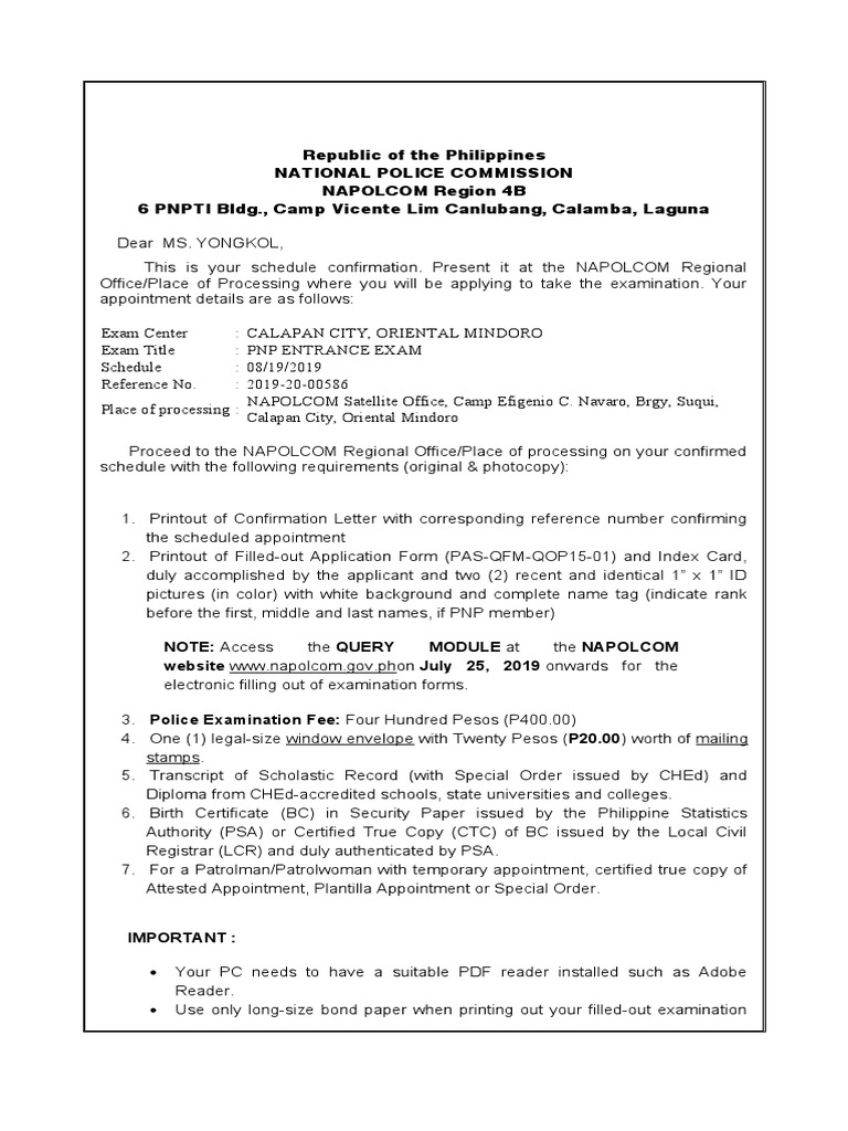 Napolcom Confirmation Letter | PDF | Written Communication | Computing ...
