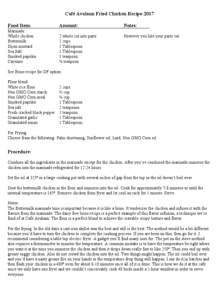 Café Avalaun Fried Chicken Recipe-2017 Food Item: Amount: Notes | PDF ...