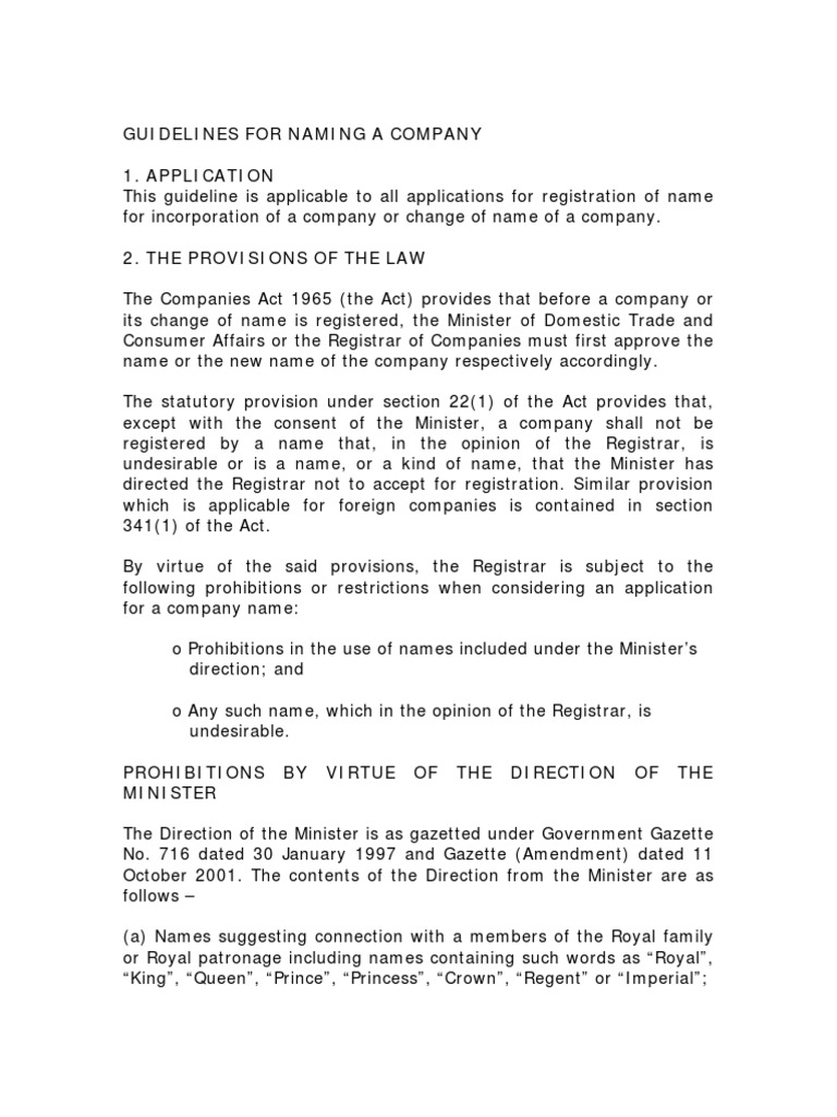 Guidelines For Naming A Company 1. Application | PDF | Banks | Foreign ...