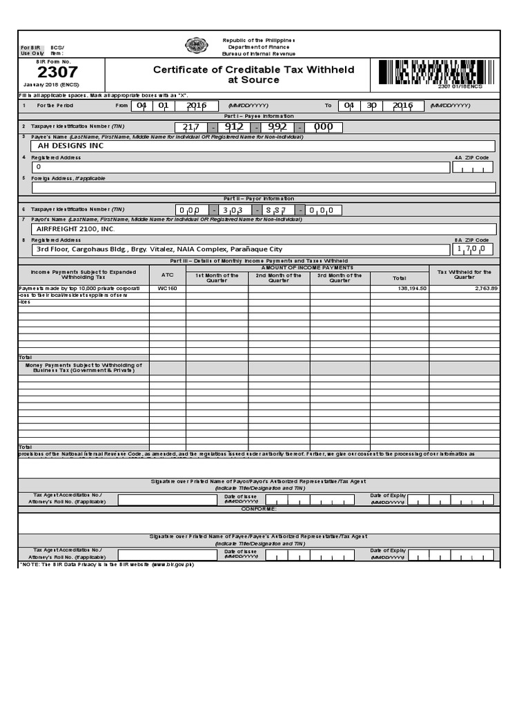 Certificate of Creditable Tax Withheld at Source - Quarterly Report for ...