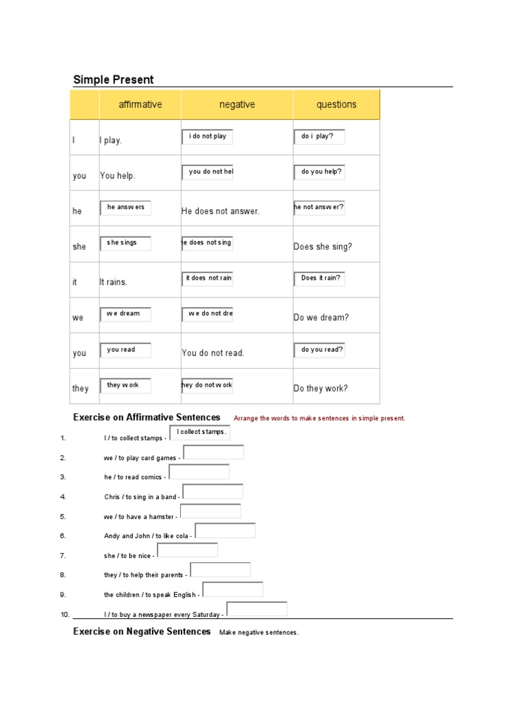 Simple Present: Affirmative Negative Questions | PDF