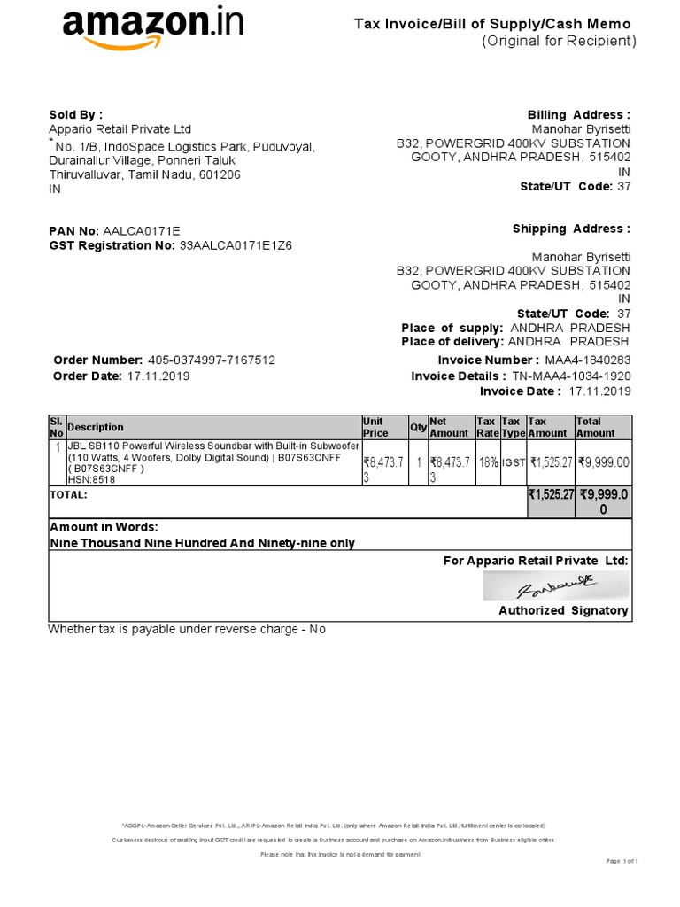 (Original For Recipient) : Sl. No Description Unit Price Qty Net Amount ...