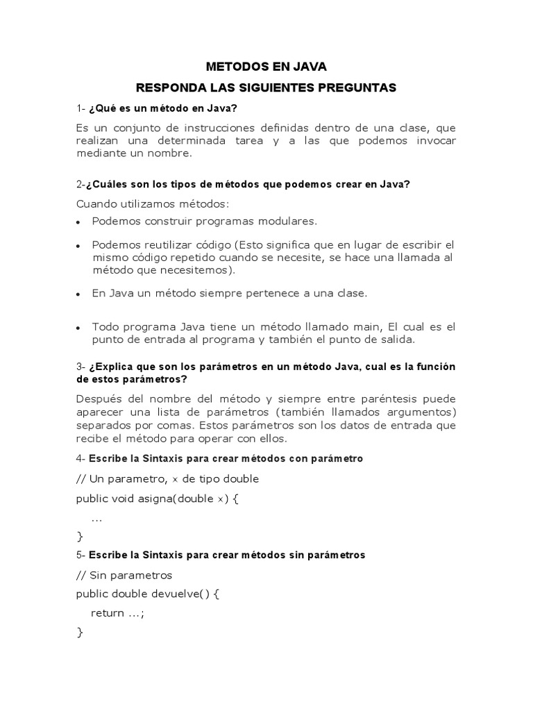 Guía de Métodos en Java | PDF | Java (lenguaje de programación) | Método (programación de ...