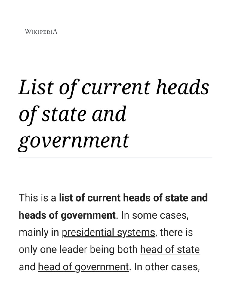 List of Current Heads of State and Government - Wikipedia PDF | PDF ...