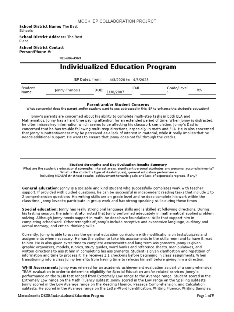 Individualized Education Program: Mock Iep Collaboration Projrct | PDF ...