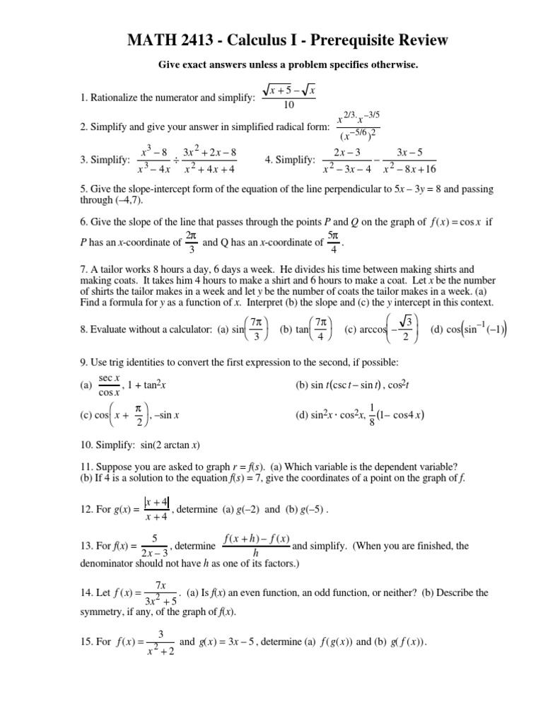 MATH 2413 Calculus I Prerequisite Review | PDF | Sine | Function ...