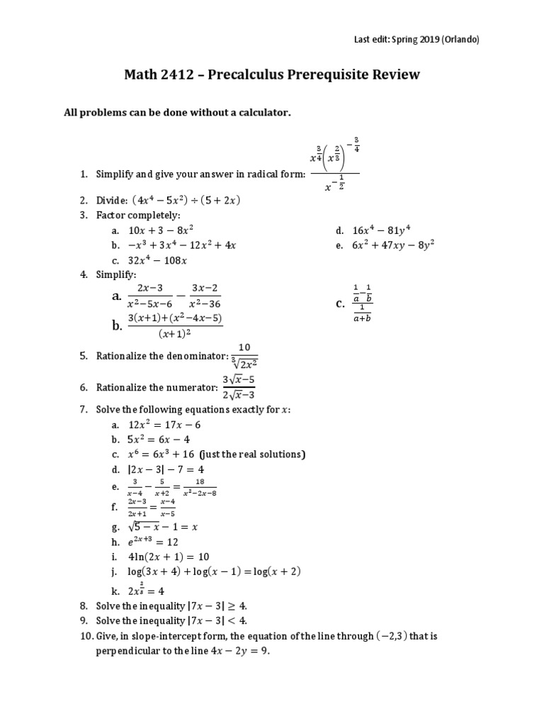 MATH 2412 Precalculus Prerequisite Review | PDF | Function (Mathematics ...