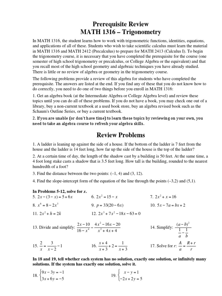 MATH 1316 Trigonometry Prerequisite Review | PDF | Algebra ...