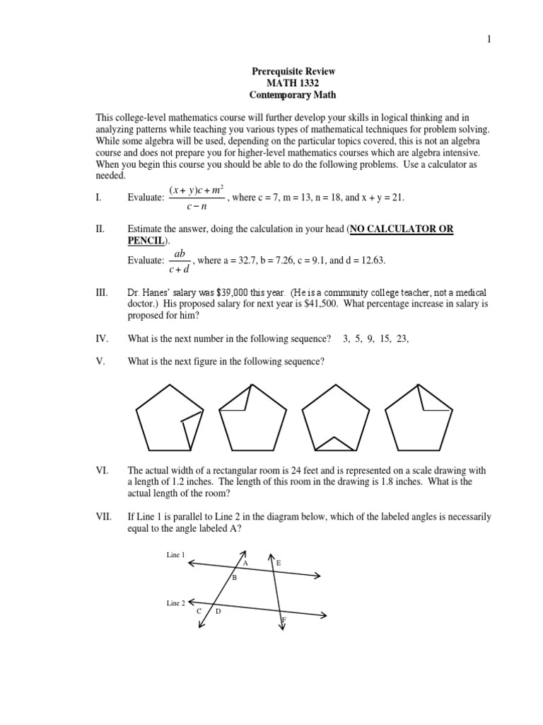 MATH 1332 Contemporary Mathematics Prerequisite Review | PDF | Teaching ...
