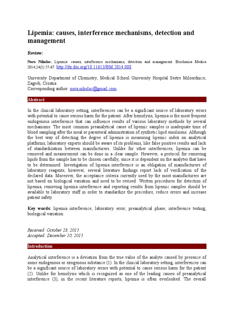 Lipemia: Causes, Interference Mechanisms, Detection and Management ...
