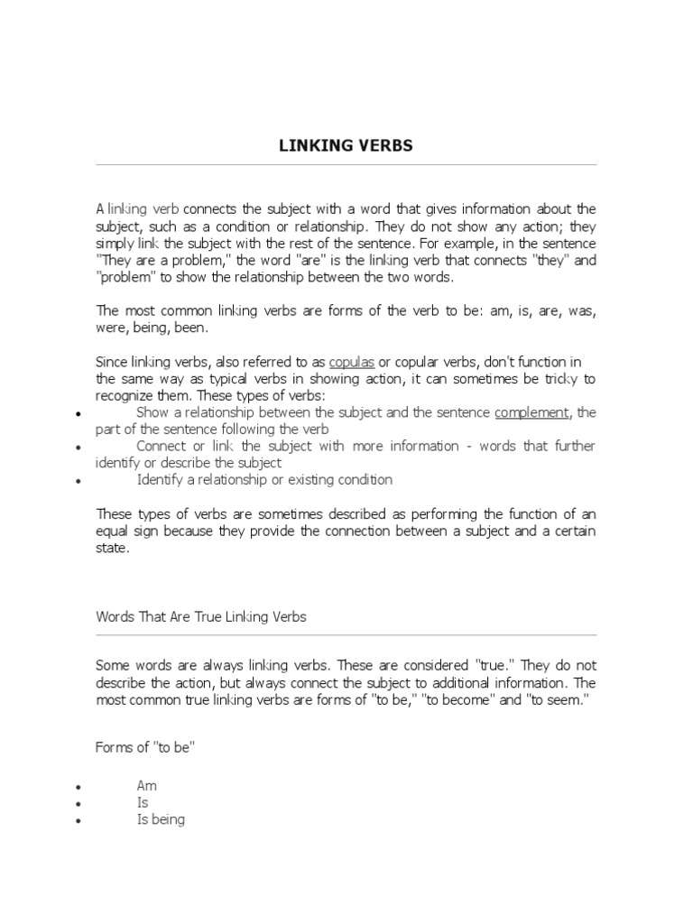 Words That Are True Linking Verbs | PDF | Subject (Grammar) | Verb