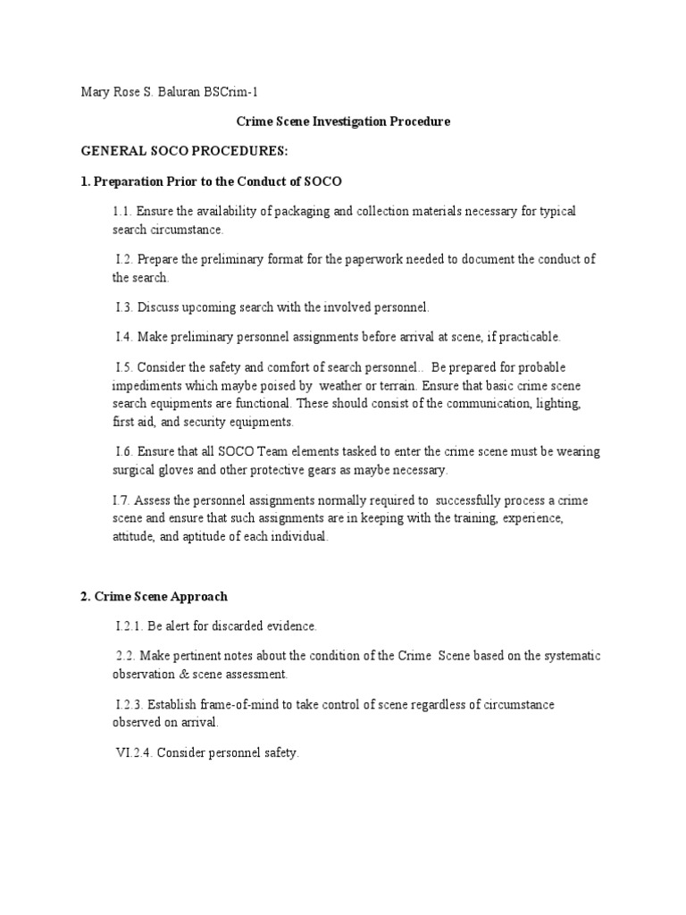 Crime Scene Investigation Procedure General Soco Procedures: 1 ...