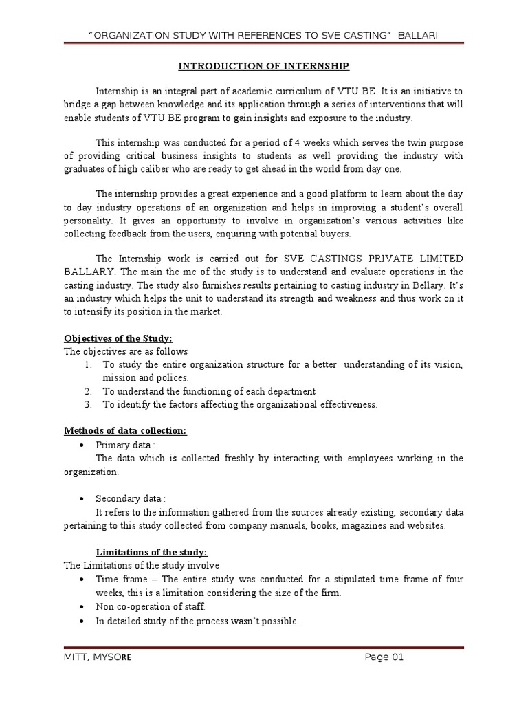 Introduction of Internship: "Organization Study With References To Sve ...