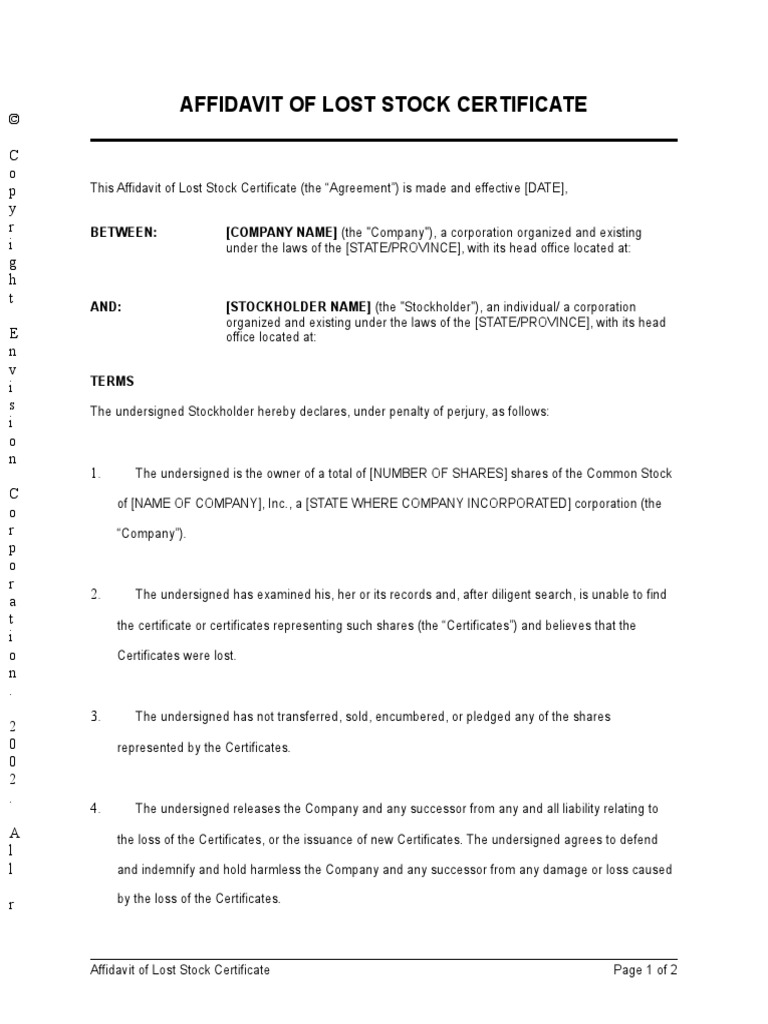 Affidavit of Lost, Stolen or Destroyed Stock Certificate For Companies ...
