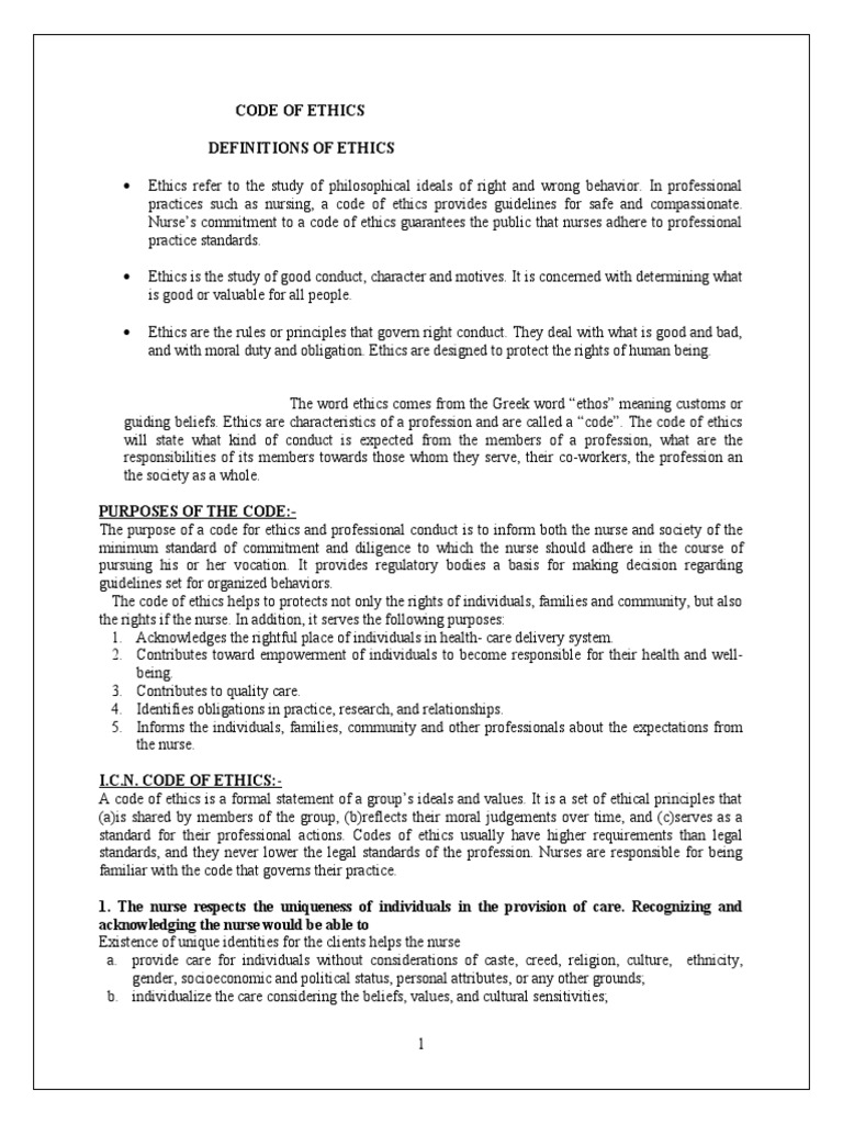 Code of Ethics Definitions of Ethics | PDF | Autonomy | Nursing