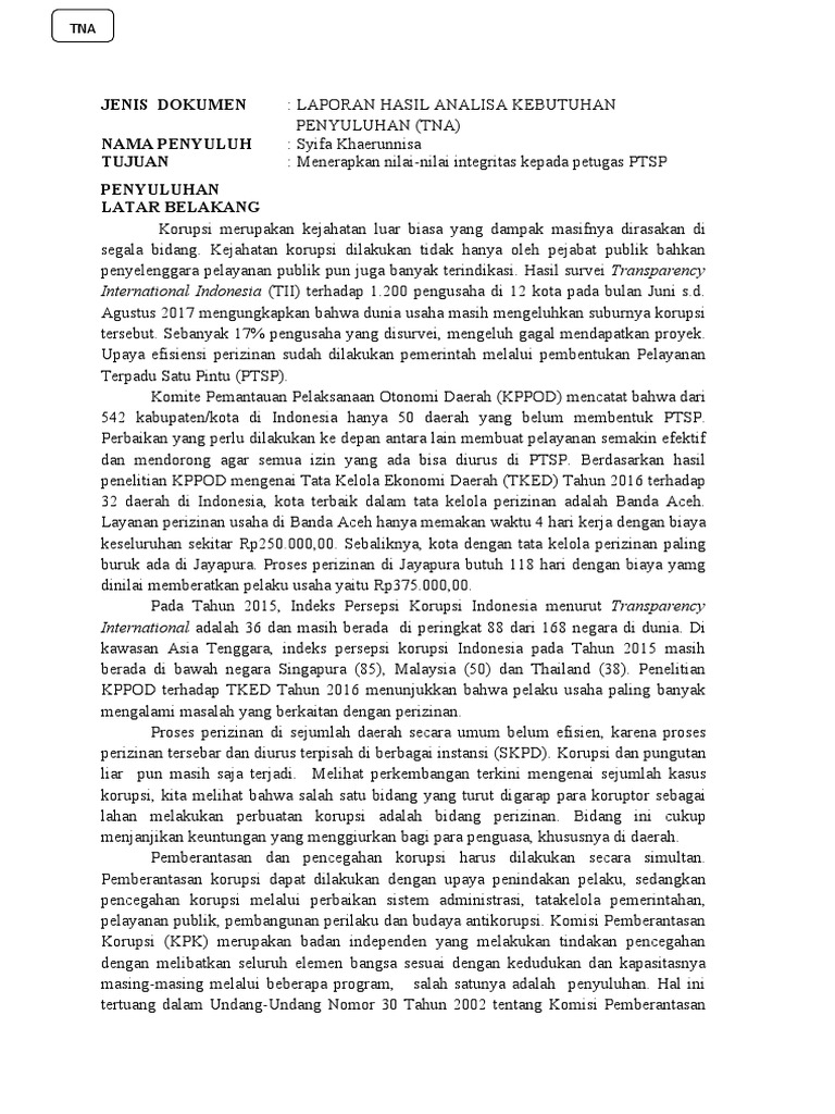 Tugas PBAK Penyuluhan Anti Korupsi (TNA, TOR, Checklist | PDF