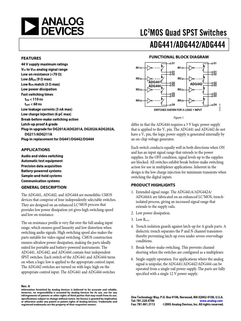 LC MOS Quad SPST Switches ADG441/ADG442/ADG444: Features Functional ...