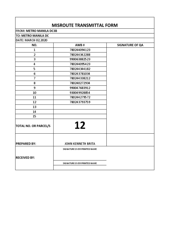 Misroute Transmittal Form: NO. Awb # Signature of Qa | PDF