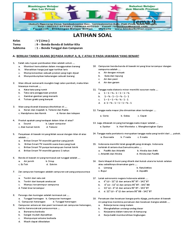 Soal Tematik Kelas 5 SD Tema 9 Subtema 1 Benda Tunggal Dan Campuran - WWW - Bimbelbrilian | PDF