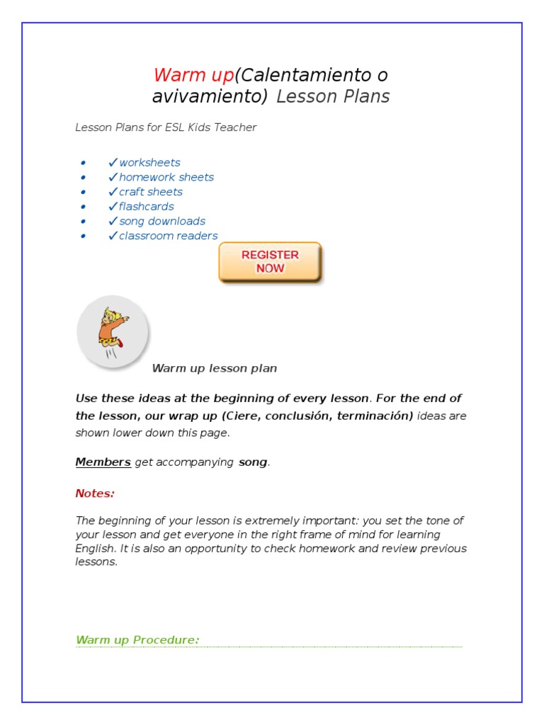 WARM UP (Calentamiento o Avivamiento) | PDF | Lesson Plan | Homework