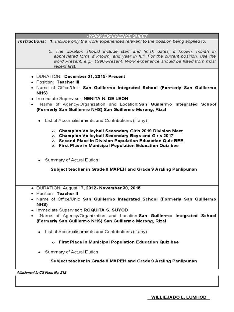 Work Experience Sheet: Instructions: 1. Include Only The Work ...