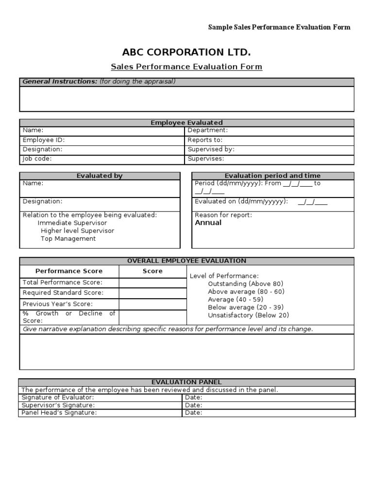 Sample Sales Performance Evaluation Form | PDF | Performance Appraisal | Business