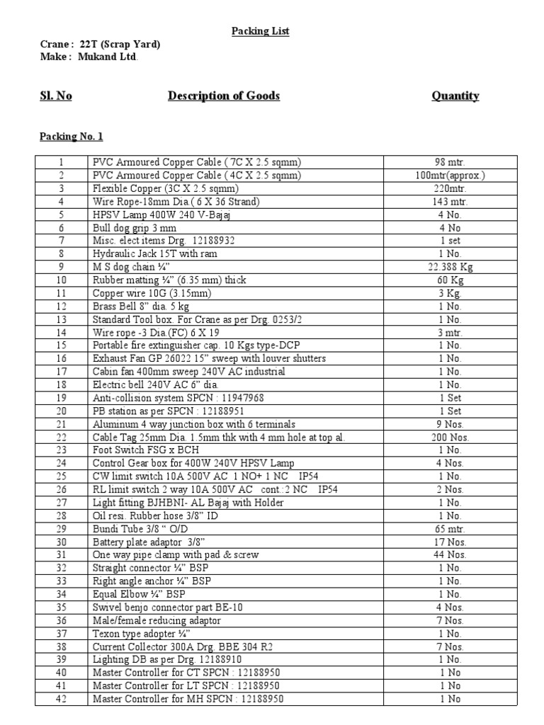 Crane Packing List | PDF | Wire | Machines