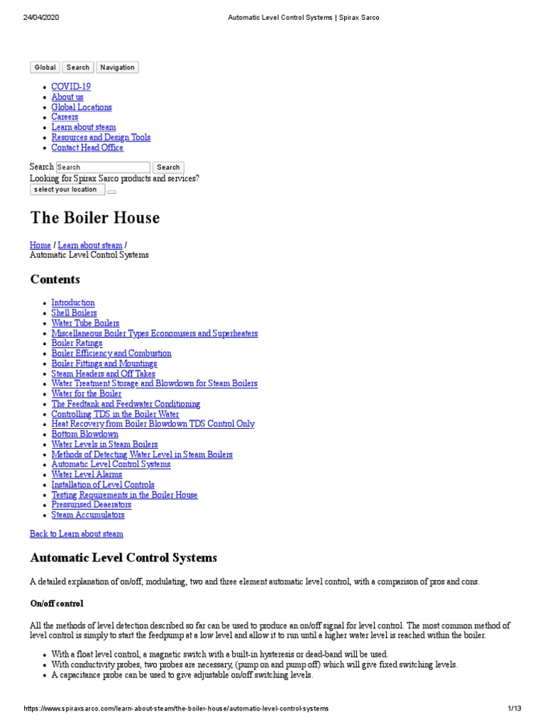 Automatic Level Control Systems - Spirax Sarco | PDF | Boiler | Control System