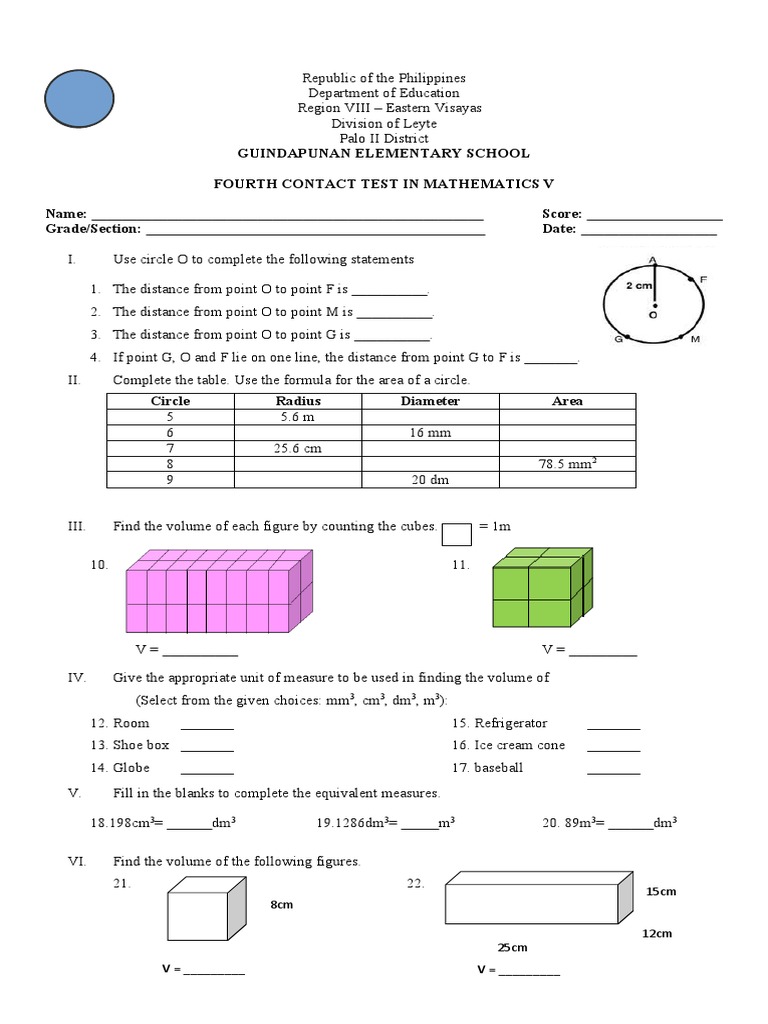 4th Quarter MATH 5 Exams | Download Free PDF | Area | Volume