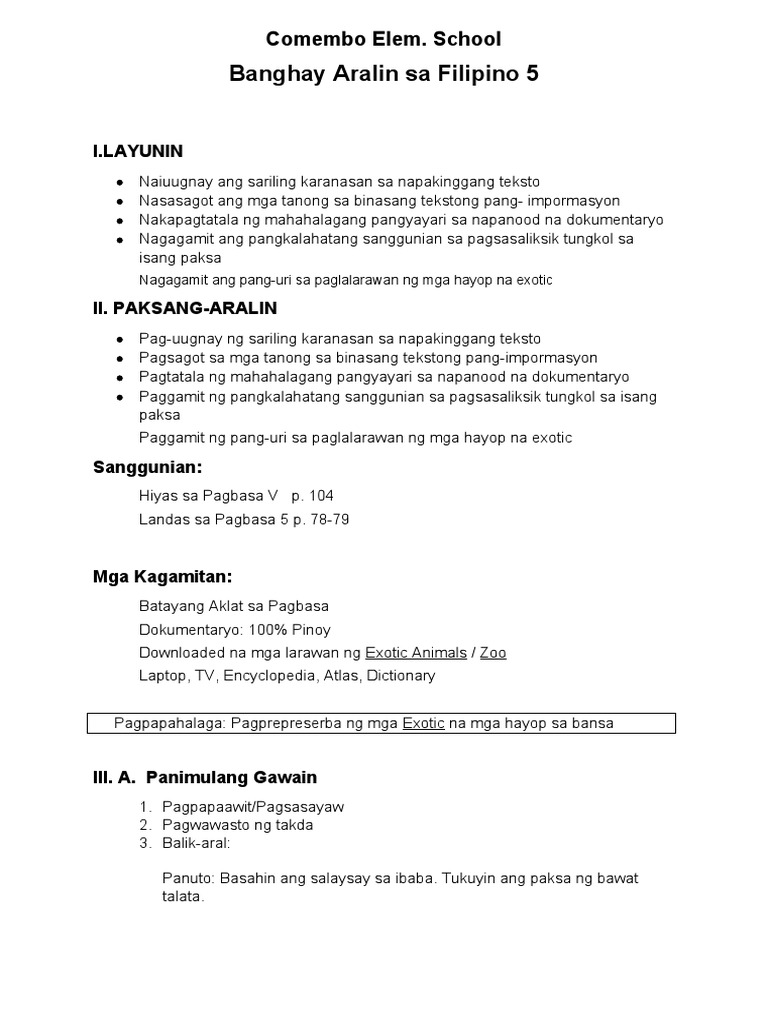 Banghay Aralin Sa Filipino 5 | PDF
