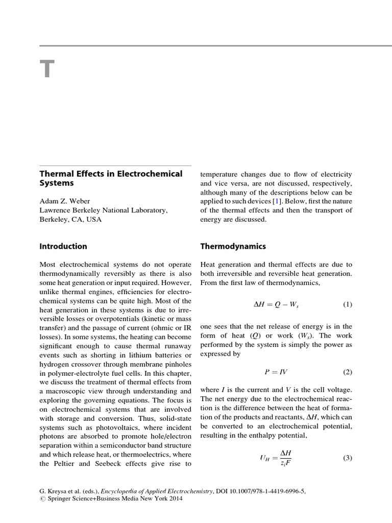 Thermal Effects in Electrochemical Systems: Thermodynamics | PDF ...