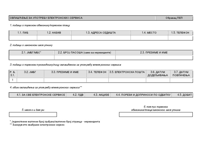 Obrazac PEP - Ovlascenje Za Upotrebu Elektronskih Servisa B PDF | PDF