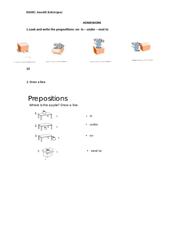Homework 1.look and Write The Prepositions: On-In - Under - Next To | PDF