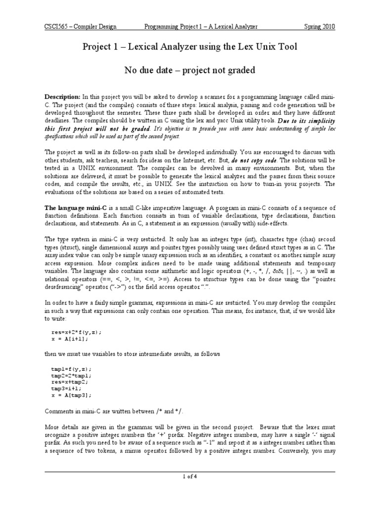 Project 1 - Lexical Analyzer Using The Lex Unix Tool No Due Date - Project Not Graded | PDF ...