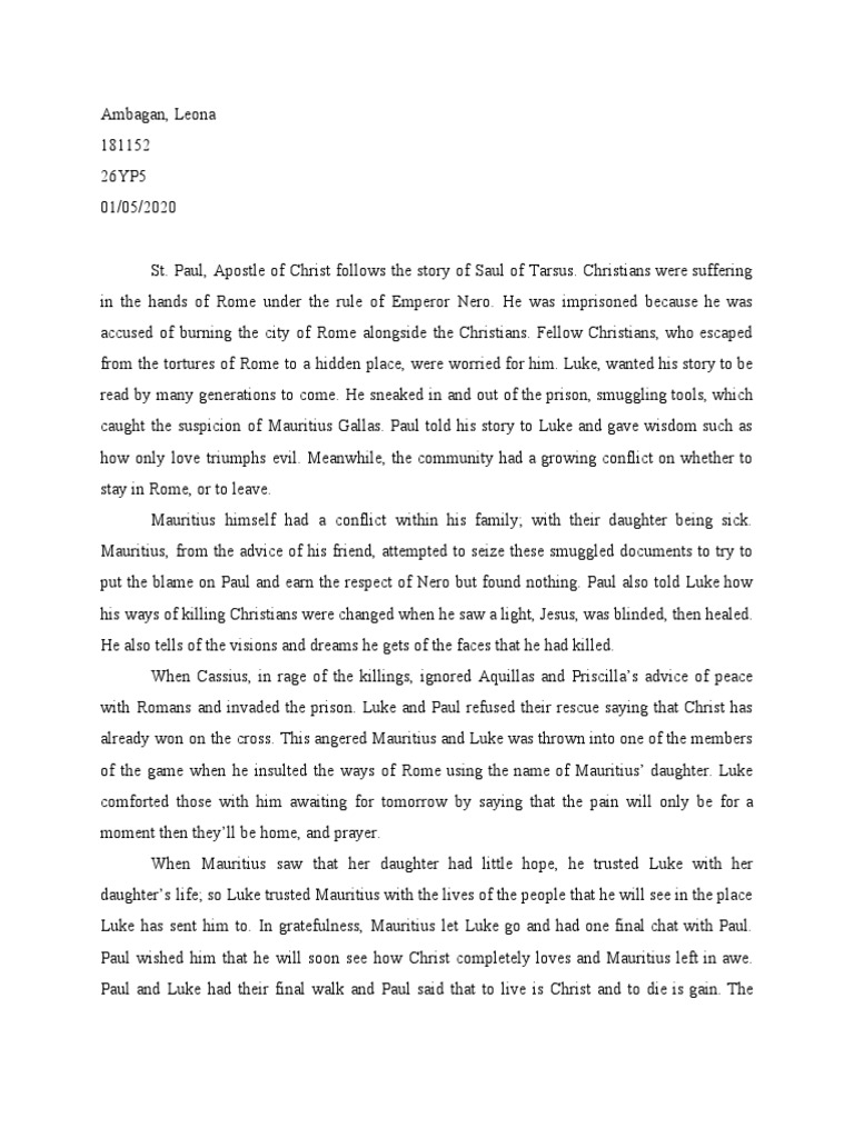 St. Paul Apostle of Christ Reaction Paper 1 | PDF | Paul The Apostle ...