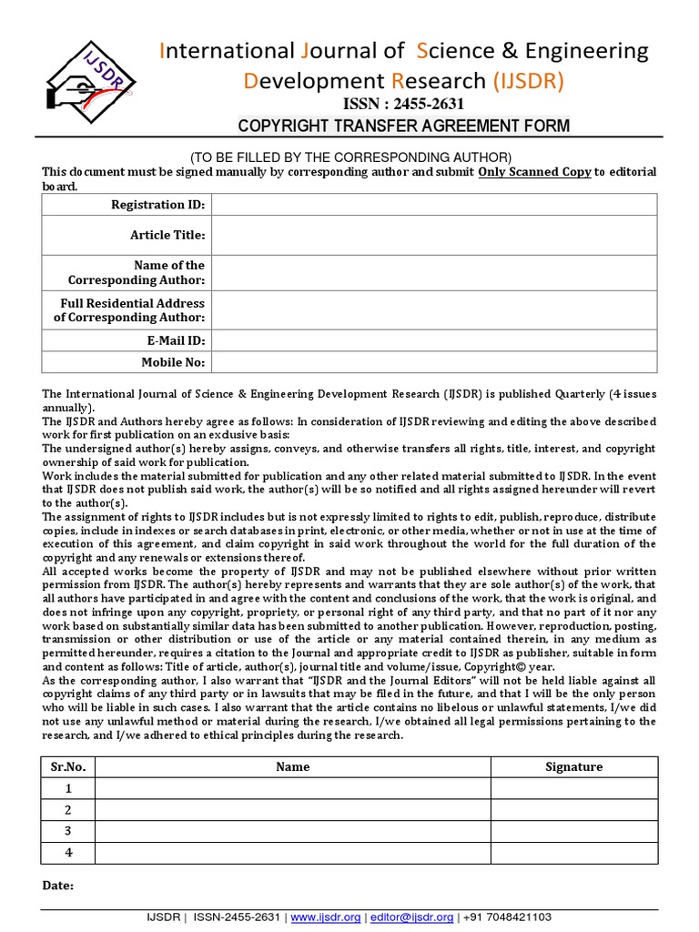 Copyright Transfer Form (IJSDR) | PDF | Copyright | Intellectual ...