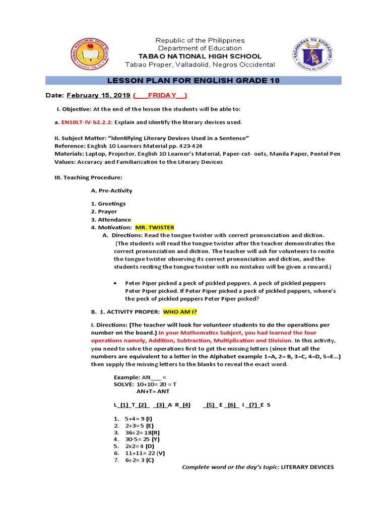 Lesson Plan For English Grade 10: Tabao National High School | PDF ...