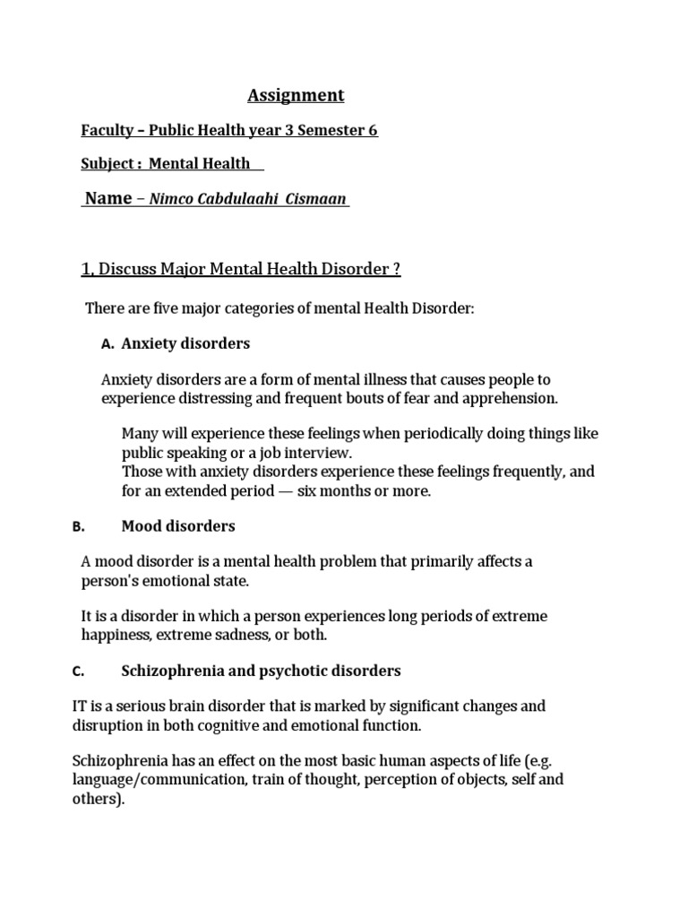 Assignment Mental Health | PDF | Mental Disorder | Dementia