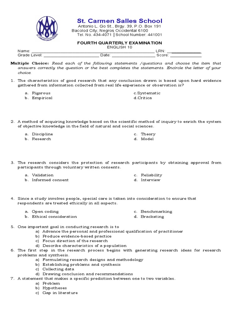 English 10 Fourth Grading Exam Sample | PDF | Citation | Scientific Method